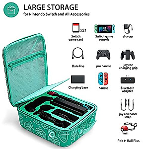 Nintendo Switch Deluxe Carrying Case-Turquoise Storage Bag with Handle and Shoulder Strap Fits Complete Switch System Console+Switch Dock+ Pro Controller +Joy-Con grip+ Poke Ball Plus & Accessories.