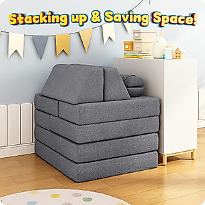 ONBRILL Kids Sofa Couch, 12pcs Modular Play Couch Set, Children Floor Sofa Building Fort, Washable Teddy Cover, Convertible Foam & Floor Cushion, DIY Creative Playroom Furniture for Boys & Girls, Grey