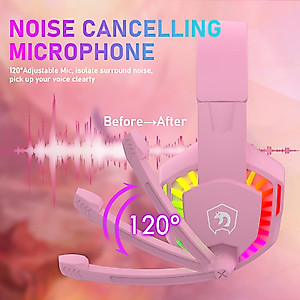 Wired Gaming Headset with Rainbow RGB Backlight Retractable Noise Isolating Microphone Stereo Sound Deep Bass Memory Foam Earmuff Over Ear Headphone for PS4 Xbox One Switch PC Mac Gamer Music (Pink)