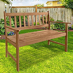 Outdoor Patio Bench Furniture Wooden Bench Wicker Bench Farmhouse Bench W/Backrest &Wide Armrest Natural Oiled for Park Yard Large Bench Garden Bench, (Natural