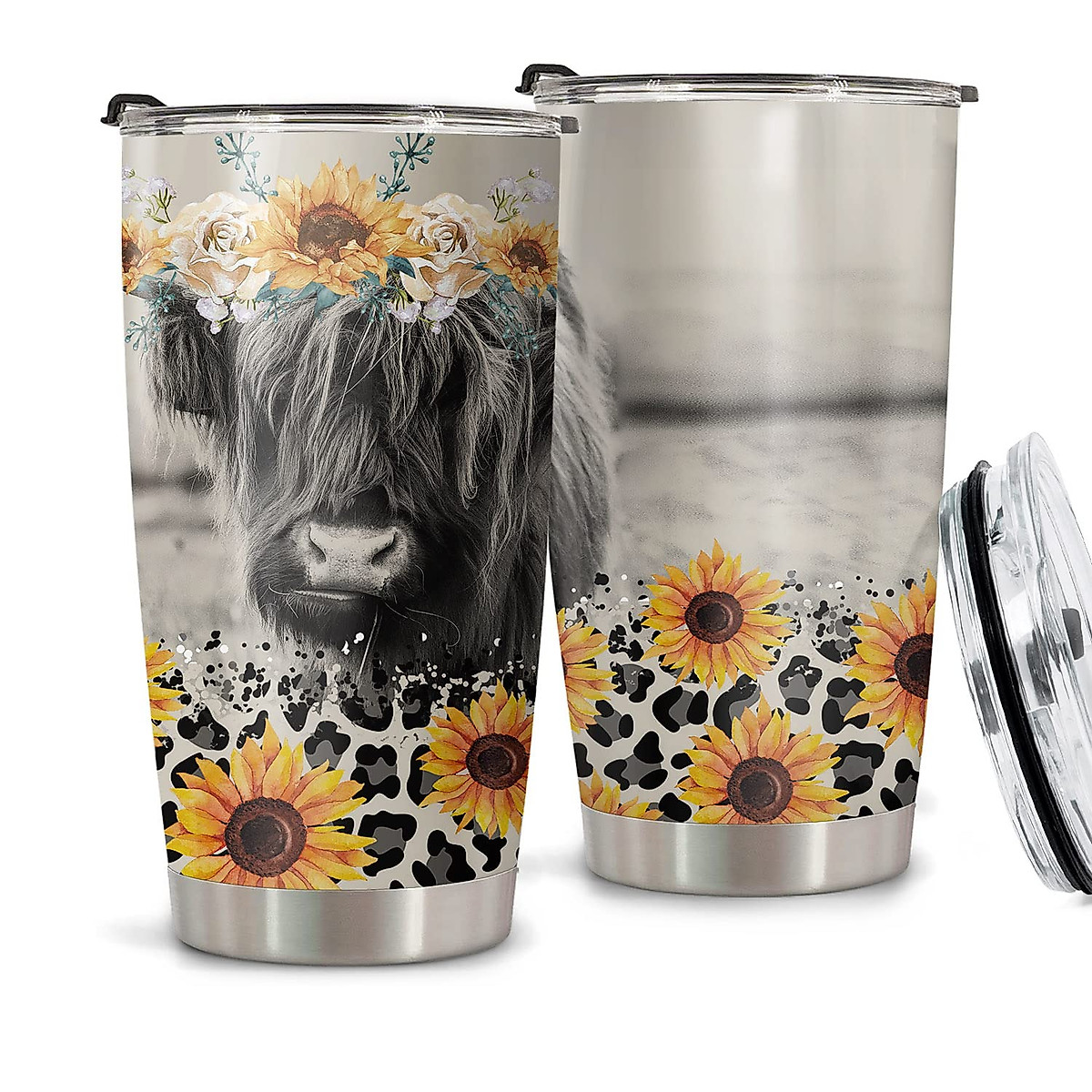 CHICKOR Bull Skull Tumbler Sunflower Leopard 20 Oz With Lid, Sunflower Cow Cups Tumbler, Sunflower Coffee Mugs, Cow Themed Gifts For Women, Double Wall Insulated Stainless Steel Travel Mug…