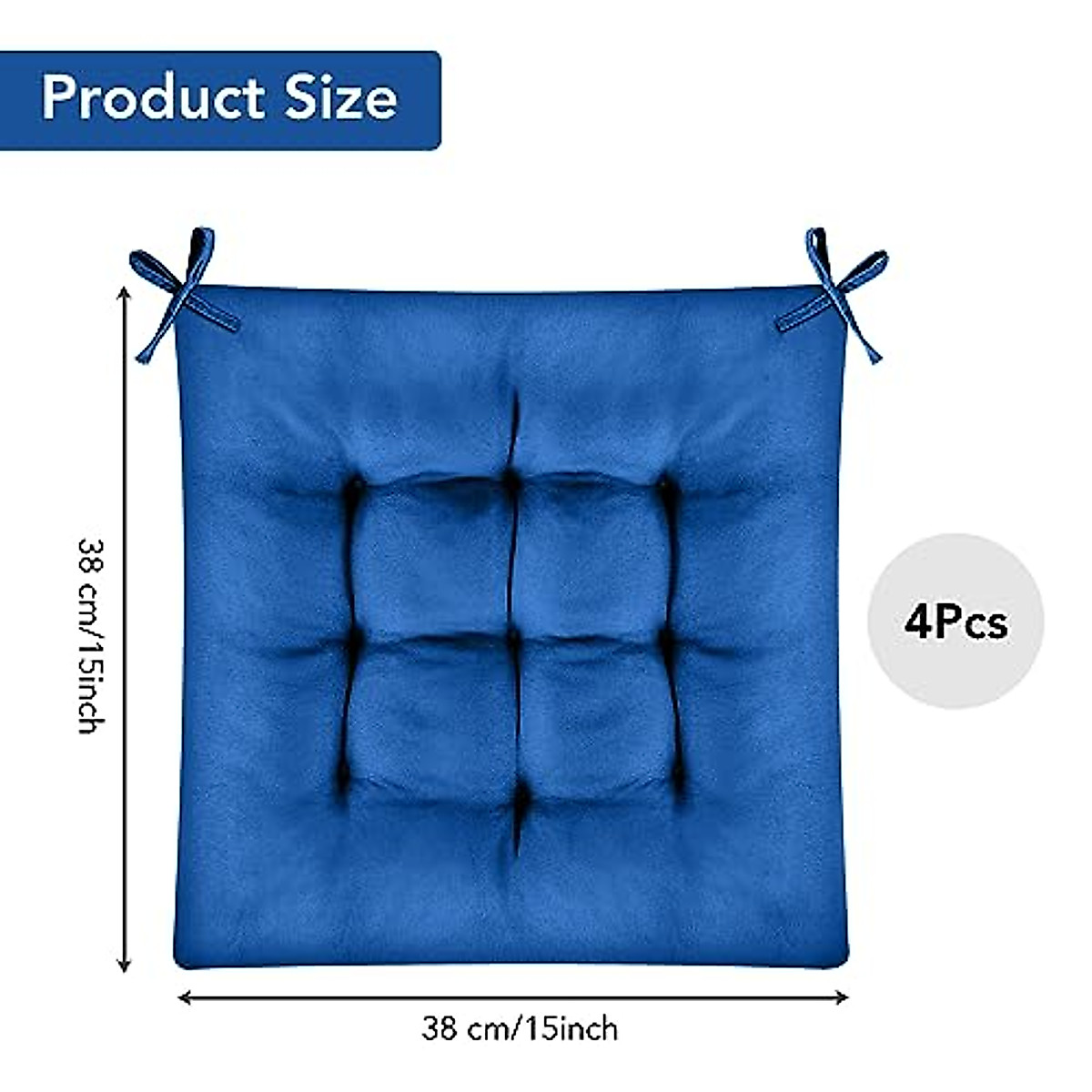 PLULON 4 Pack Chair Cushion Pads for Dining Chairs Soft Square Indoor Seat Pad Swinging Chair Cushions Seating Pillows with Ties for Kitchen Office Classroom Patio Garden Sofa Floor Chairs (Navy Blue)