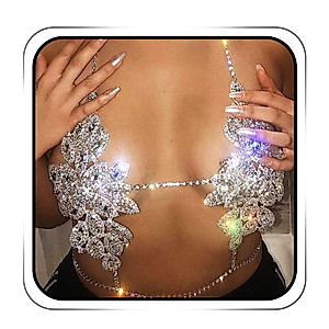 Graeen Crystal Bra Chains Rhinestone Bra Top Flower Chest Chain Silver Body Chain Nightclub Body Jewelry for Women (A)