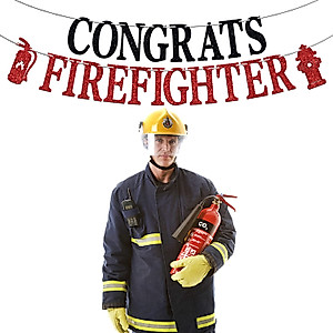 Congrats Firefighter Banner, Class of 2024/Congrats Grad, Fire Department Graduation Party Decoration Supplies for Fireman, Black and Red Glitter