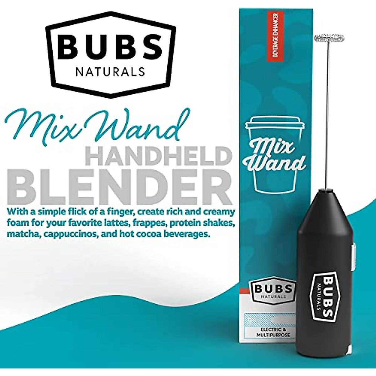 BUBS Naturals Mix Wand - MCT Oil Powder, Handheld Milk Frother - Lattes, Coffee, Cappuccino, Frappes, Hot Chocolate Blender - Portable