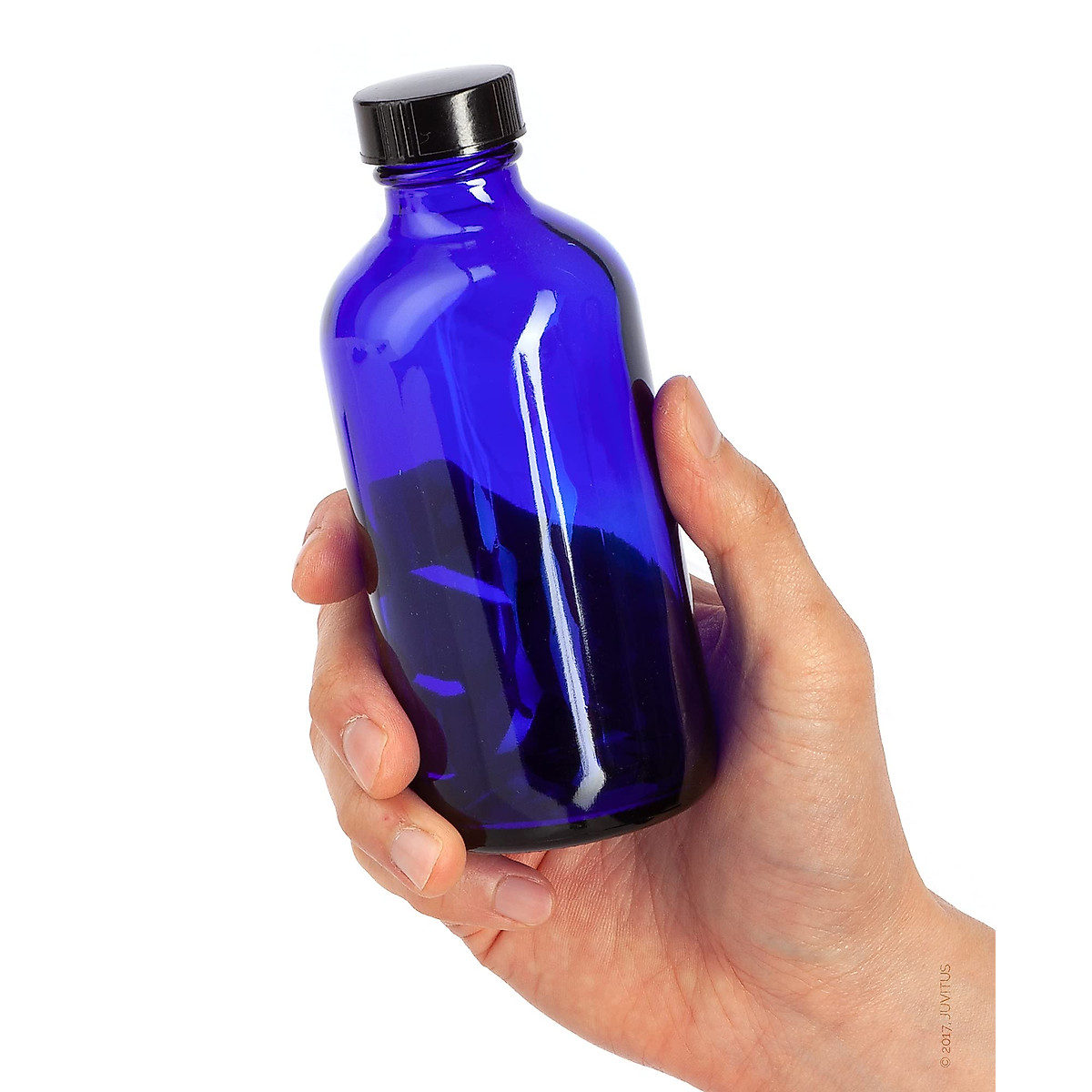 JUVITUS 8 oz Cobalt Blue Glass Boston Round Bottle with Black Phenolic Cone Lined Caps (4 Pack)