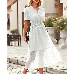 BTFBM Women 2023 Summer Boho Midi Dress Short Sleeve V Neck Swiss Dot Belted High Waist Ruffle Tiered A-Line Beach Dress(Swiss Dot White, Medium)