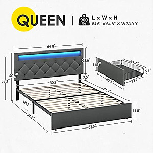 Rolanstar Bed Frame Queen Size with LED Lights and USB Ports, Upholstered Bed with Adjustable Headboard and 4 Drawers, No Box Spring Needed, Easy Assembly, Dark Grey