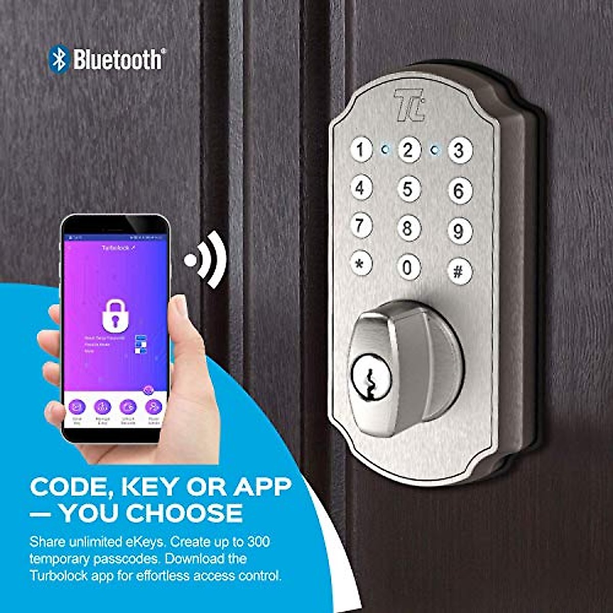 TURBOLOCK TL115 Smart Lock with Keypad and Voice Prompts | Digital Deadbolt w/ App for Unlimited eKeys | Code Disguise, Backup Keys + Micro-USB Port — Ready for Thicker Doors (IP65) (Bronze)