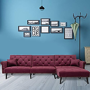 Peciafy Modern Reversible Sectional Sofa Couch for Living Room L-Shape Sofa Couch 3-seat Sofas Solid Wood Legs for Small Space, Decor with Metal Nails - Wine Red