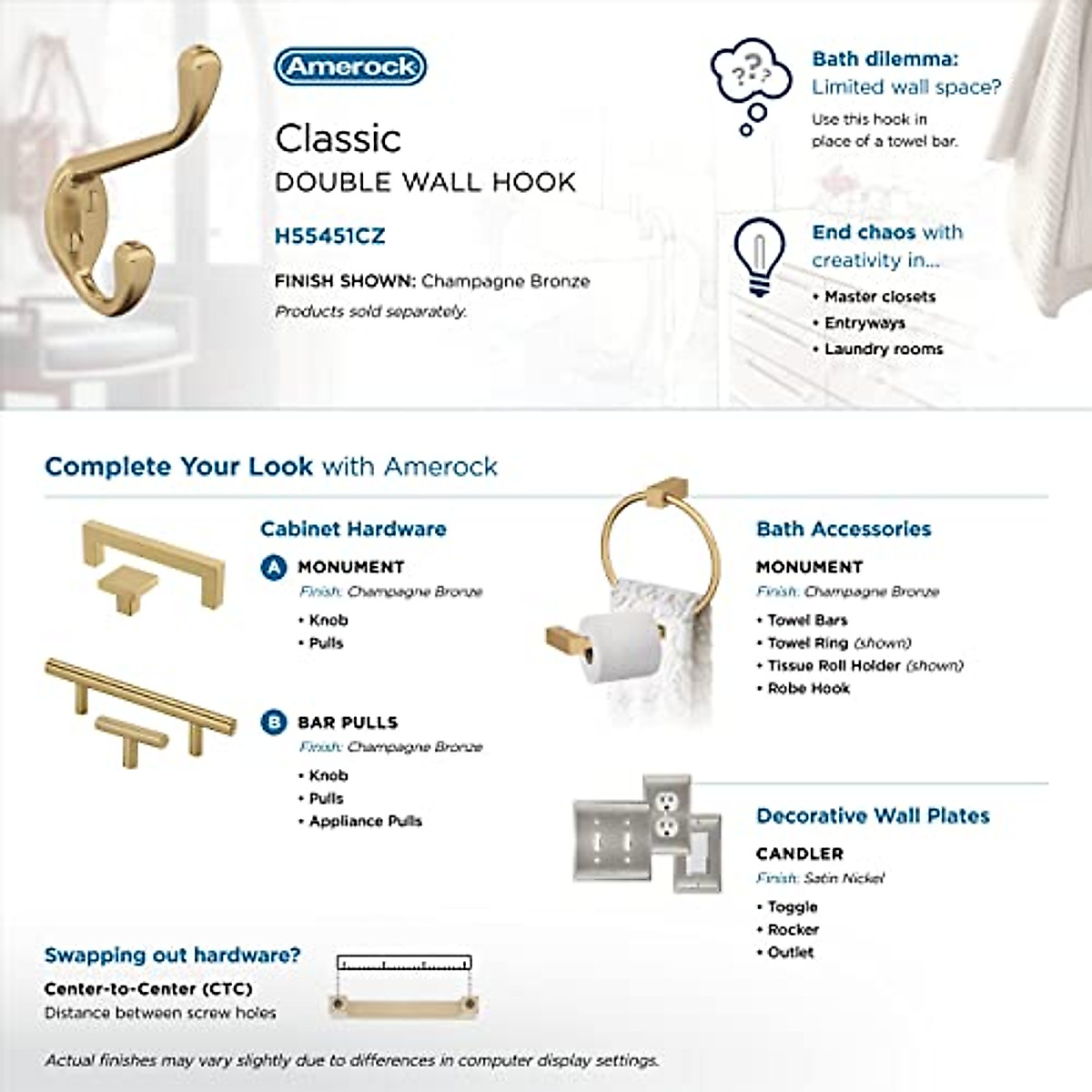 Amerock H55451CZ | Noble Double Prong Decorative Wall Hook | Champagne Bronze Hook for Coats, Hats, Backpacks, Bags | Hooks for Bathroom, Bedroom, Closet, Entryway, Laundry Room, Office