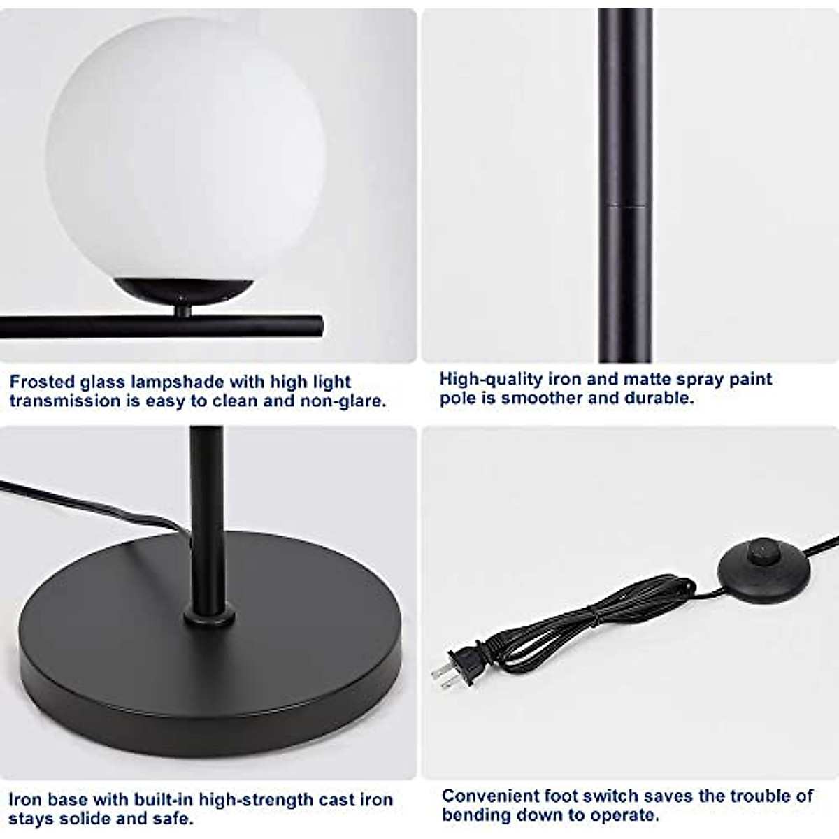 DLLT Modern LED Sphere Floor Lamp-9W Frosted Glass Globe Standing Lamps for bedroom, Energy Saving Mid Century Tall Pole Standing Accent lighting for Living Room, Office, Bedroom, Black