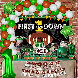 Fiesec First Year Down Football Birthday Party Decorations, Football Touchdown 1st Birthday Decorations Balloon Garland Backdrop Photo Highchair Banner Cake Topper Box Cutout Crown Poster 136 PCs