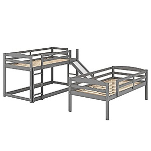 Triple Bunk Bed with Slide,Twin-Over-Twin-Over-Twin Bunkbeds with Ladder and Safety Guardrails for Kids/Teen/Adults Bedroom,Can Divided into 2 Beds,No Box Spring Needed,Pine Wood,Gray