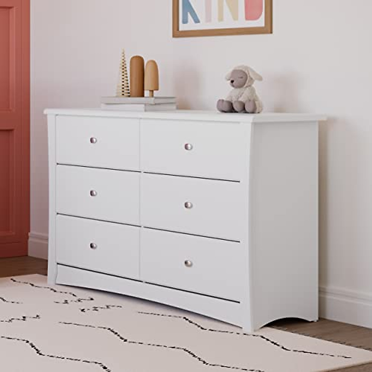 Storkcraft Crescent 6 Drawer Double Dresser (White) – Dresser for Kids Bedroom, Nursery Dresser Organizer, Chest of Drawers for Bedroom with 6 Drawers, Universal Design for Children’s Bed