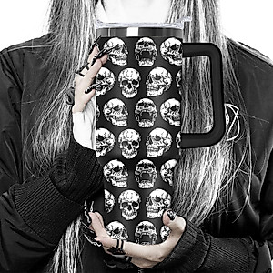 30oz Skull Tumbler with Handle Lid and Straw, Goth Halloween Decor Stuff for Women,Goth Halloween Decor Witch Skull Stuff
