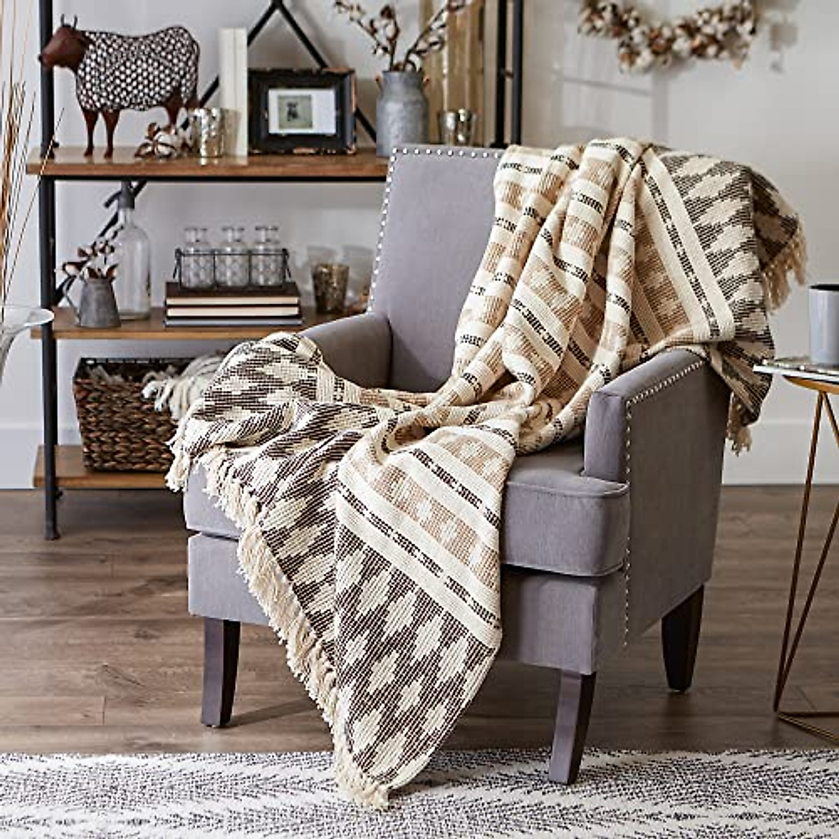 DII California Casual, Colby Southwest Woven Throw, Dark Brown & Stone, 50x60