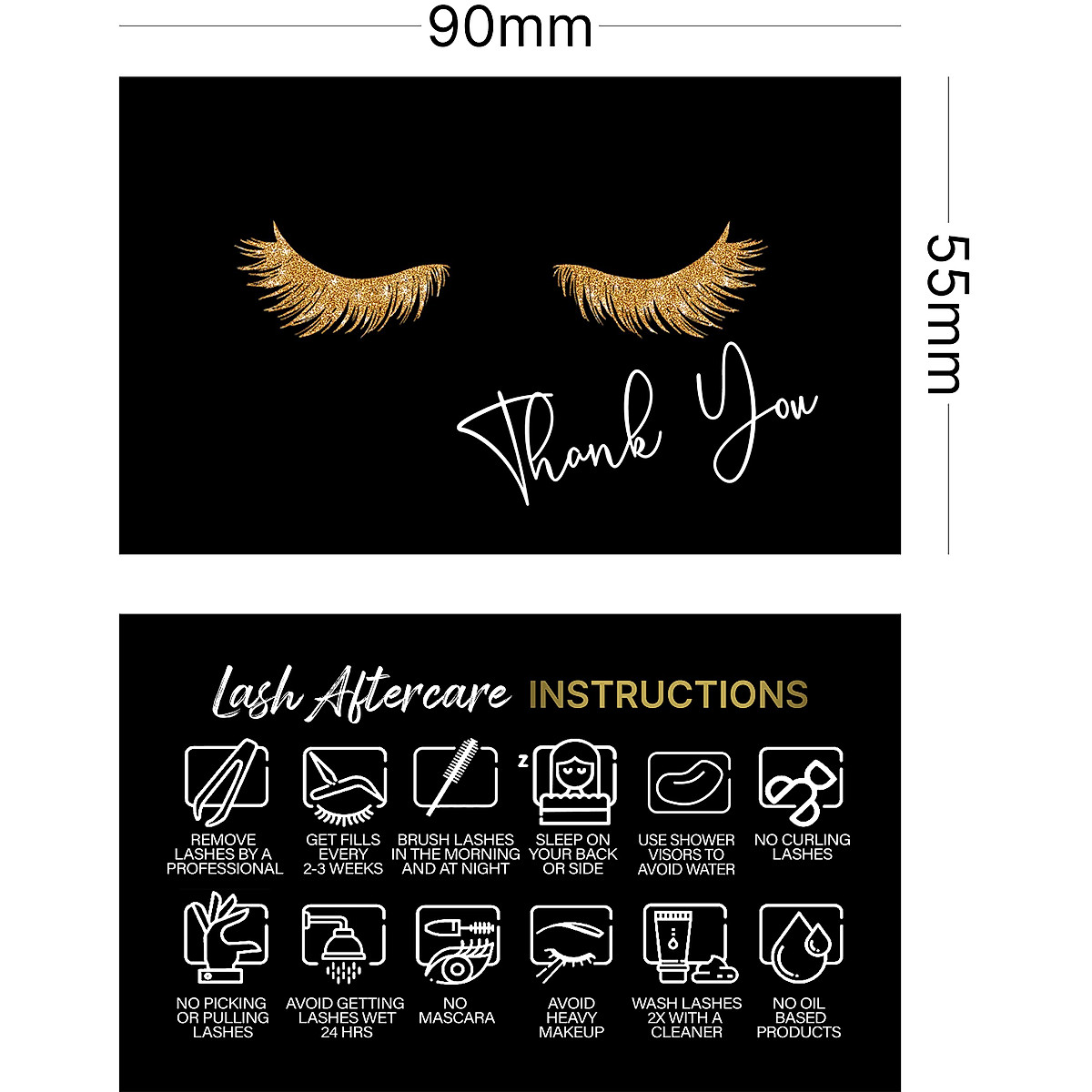 100 Pack English Lash Extension Aftercare Cards With Thank You Note, Size 3.5”x2” inches, fake eyelashes care cards with complete instructions, Black