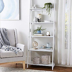 Amazon Basics Modern 5-Tier Ladder Bookshelf Organizer, Solid Rubberwood Frame - White