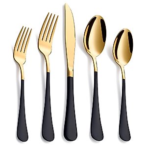 Moxinox 20-Piece Black & Gold Silverware Set, 18/0 Stainless Steel Colorful Handle Flatware Set, Service for 4, Modern Cutlery Set Includes Dinner Knives Forks Spoons, Mirror Polished, Dishwasher Safe