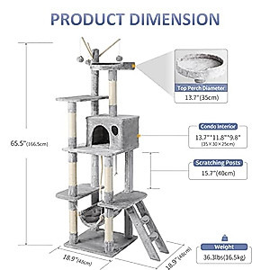 JOYO Cat Tree for Indoor Cats, 65.5 Inches Multi-Level Cat Tower Cat Tree with Hammock, Scratching Posts, Top Perch, Ladder, Cat Activity Tree Cat Condo with Toys, Cat Climbing Tower for Kitten Play