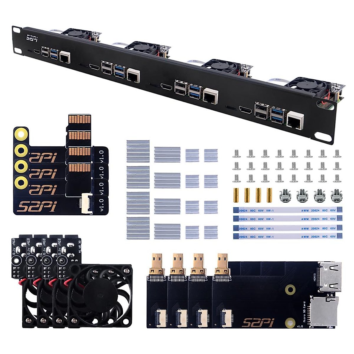 GeeekPi 1U Rack Mount for Raspberry Pi 4, 19" 1U Rackmount Supports 1-4 Units with 4pcs Fans, Aluminum Heatsinks, Micro HDMI Boards, TF Card to FPC Boards for Raspberry Pi 4B
