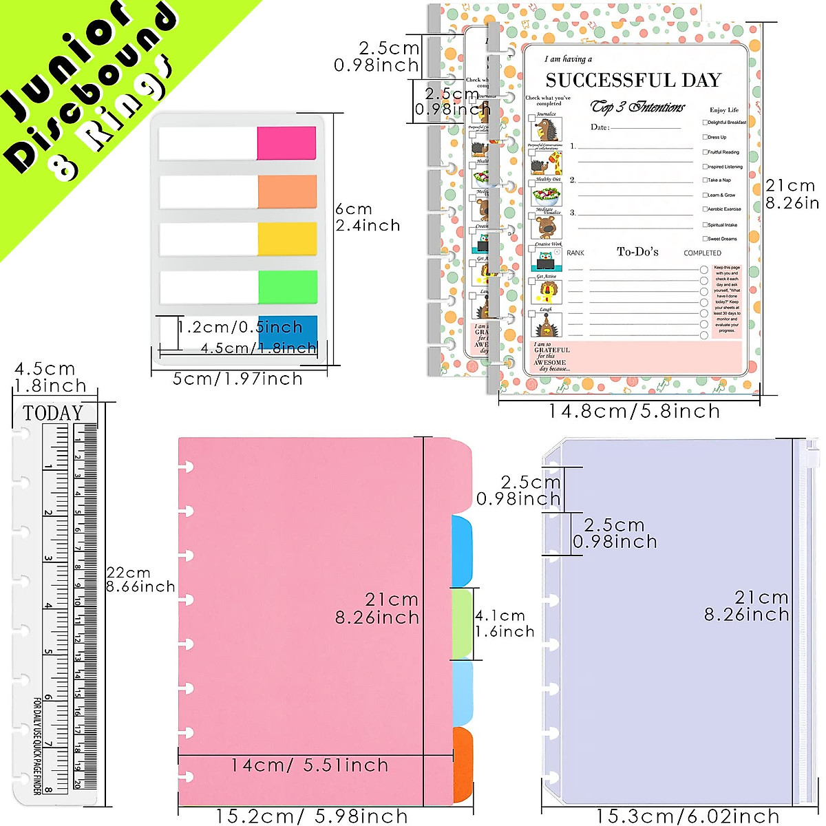 Rancco Discbound Junior Daily Planner Refills, 180 Pages 8 Disc Punched Half Letter Paper Inserts w/Index Tabs, Binder Dividers, Loose-Leaf Bag, Ruler For Circa, Arc, TUL, Happy Planner, 5.5x8.5"