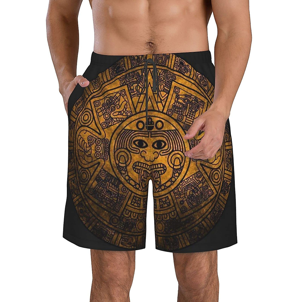 Aztec Calendar Mayan Sun Stone Men's Swim Trunks Drawstring Beach Shorts Quick Dry Surf Trunk Gym Shorts