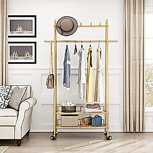 TIEOU Rolling Gold Clothing Rack, Gold Clothes Rack Heavy Duty, Clothing Rack for Hanging Clothes, Modern Clothing Rack, Coat Rack Stand, Gold Clothing Rack, Garment Rack, Pipe Clothing Rack, Gold