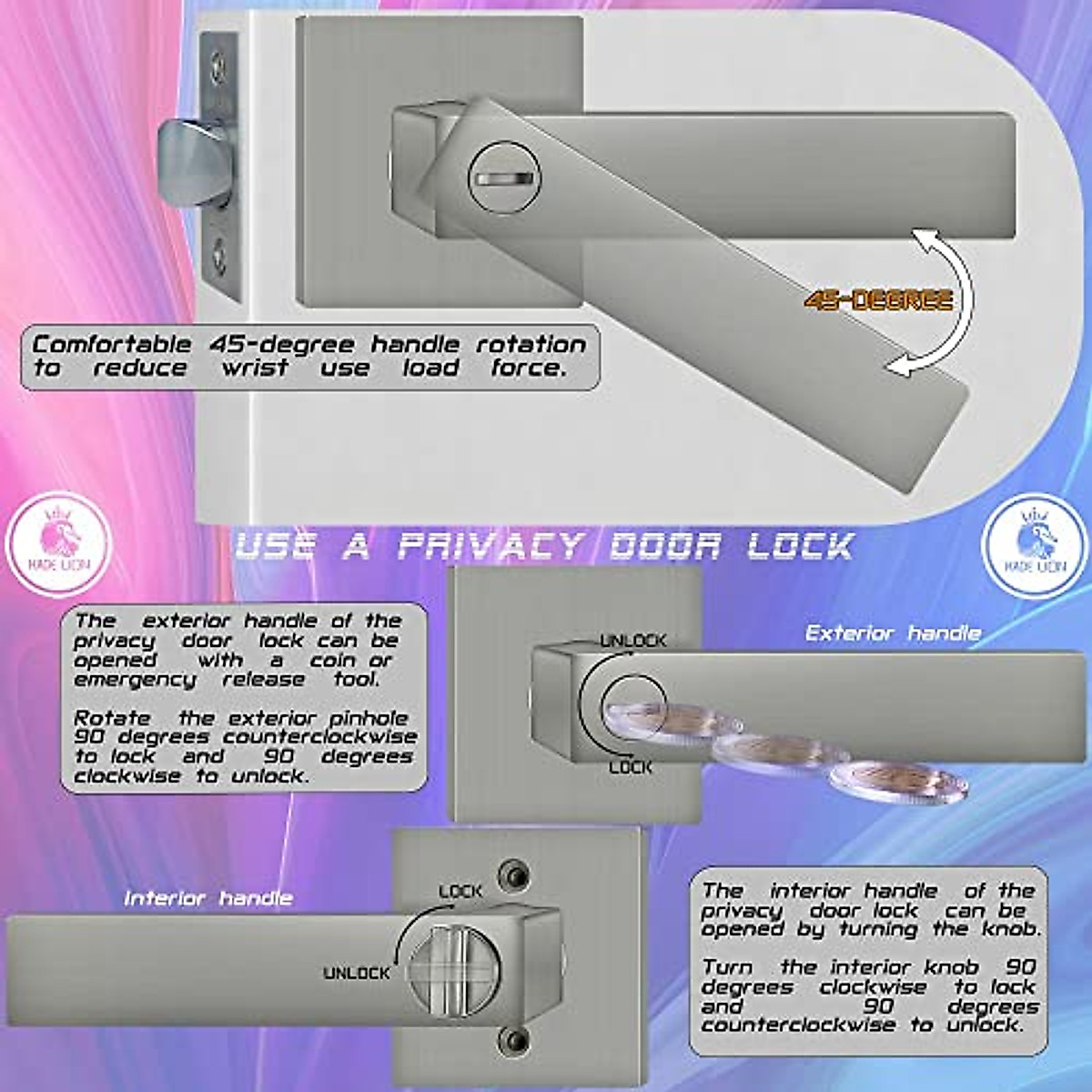 HADE LION Privacy Brushed Nickel Door Handles Lock Without Keys, Square Door Lever, Bathroom/Bedroom Heavy Duty Door Knobs Interior 1 Pack