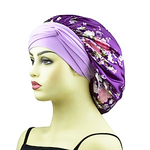 Silk Bonnets Satin Bonnet for Women Curly Hair Covers Large Sleep Hair Bonnets Sleeping Night Cap Silk Bonnet with Tie Band (Black + Pink Floral + Purple Floral)