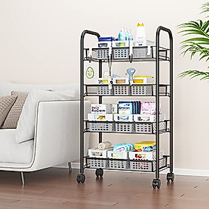 DEVO 4 Tier Metal Mesh Rolling Cart, Storage Organizer cart with 4 Side Hooks, Utility Carts with Lockable Wheels, for Home Kitchen Office Classroom (Black 1)