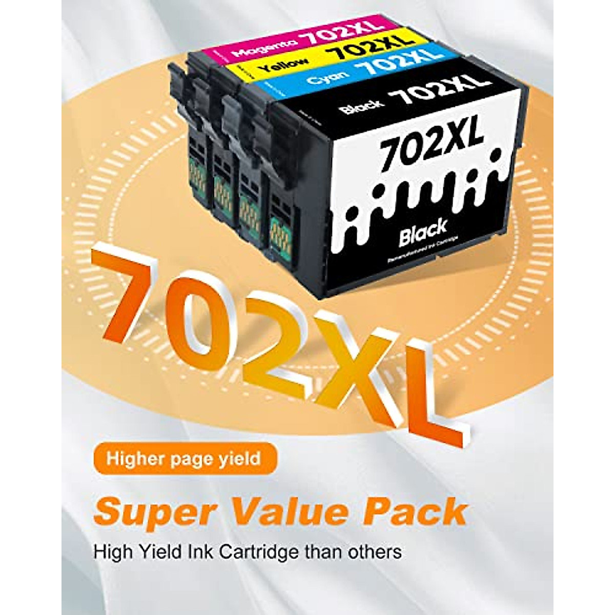 702 702XL Ink Cartridges Remanufactured Ink Cartridges for Epson 702XL 702 T702 T702XL Ink Cartridges High Yield to use with Epson Workforce Pro WF-3720 WF-3730 WF-3733 (4 Pack, BCMY)