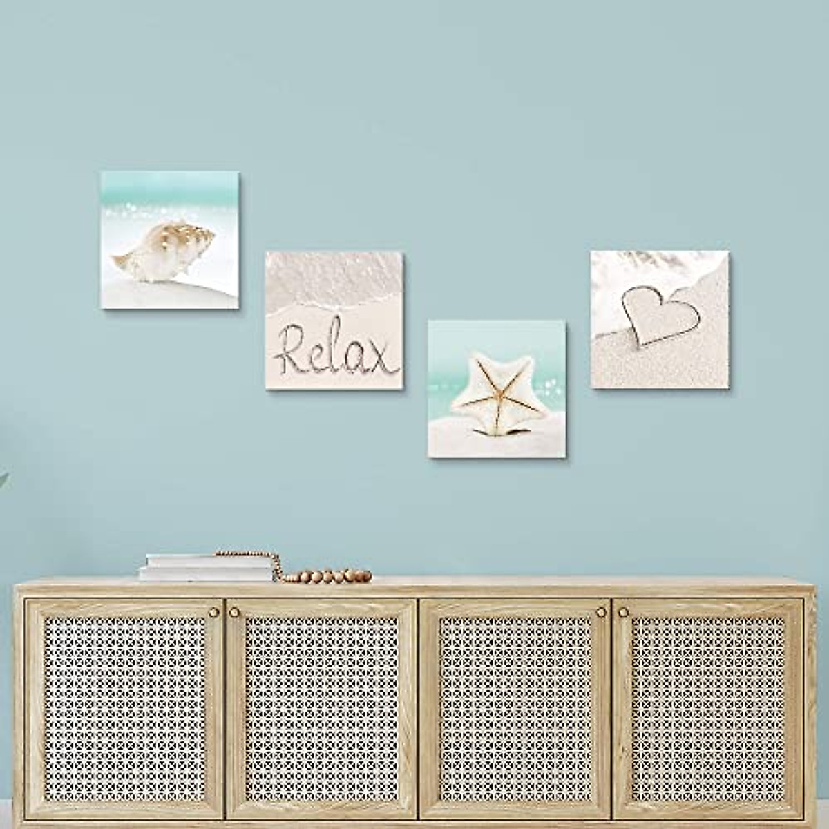 Coastal Seashell Picture Wall Art - Beach Themed Canvas Print Relaxing Seascape Artwork Contemporary Calming Seaside Starfish Conch Nature Photography Summer Blue Sea Ocean Scenery Painting for Bathroom Bedroom Office