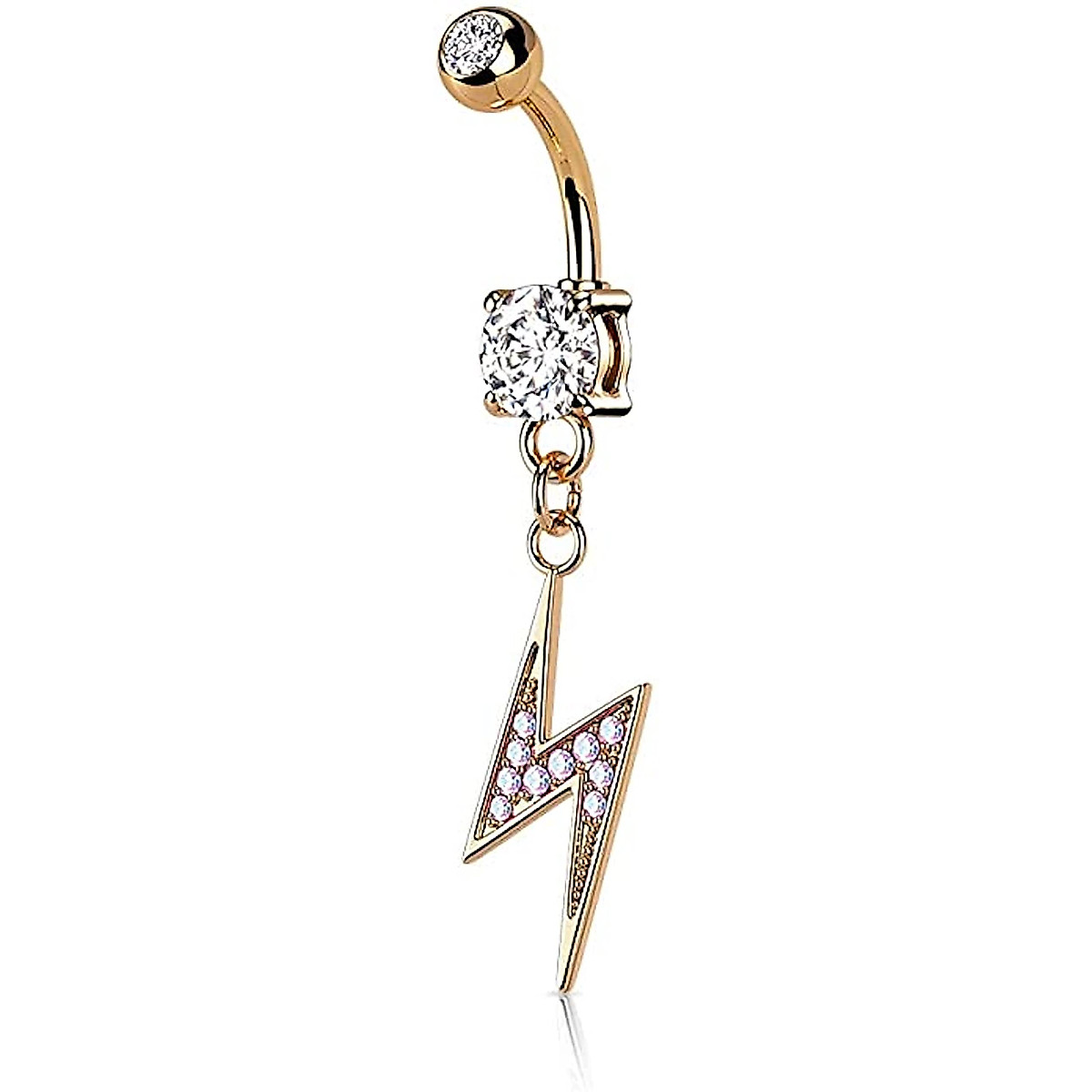 Lightning Bolt Paved with AB CZ Dangle 316L Surgical Steel Jeweled Belly Button Ring (Rose Gold)