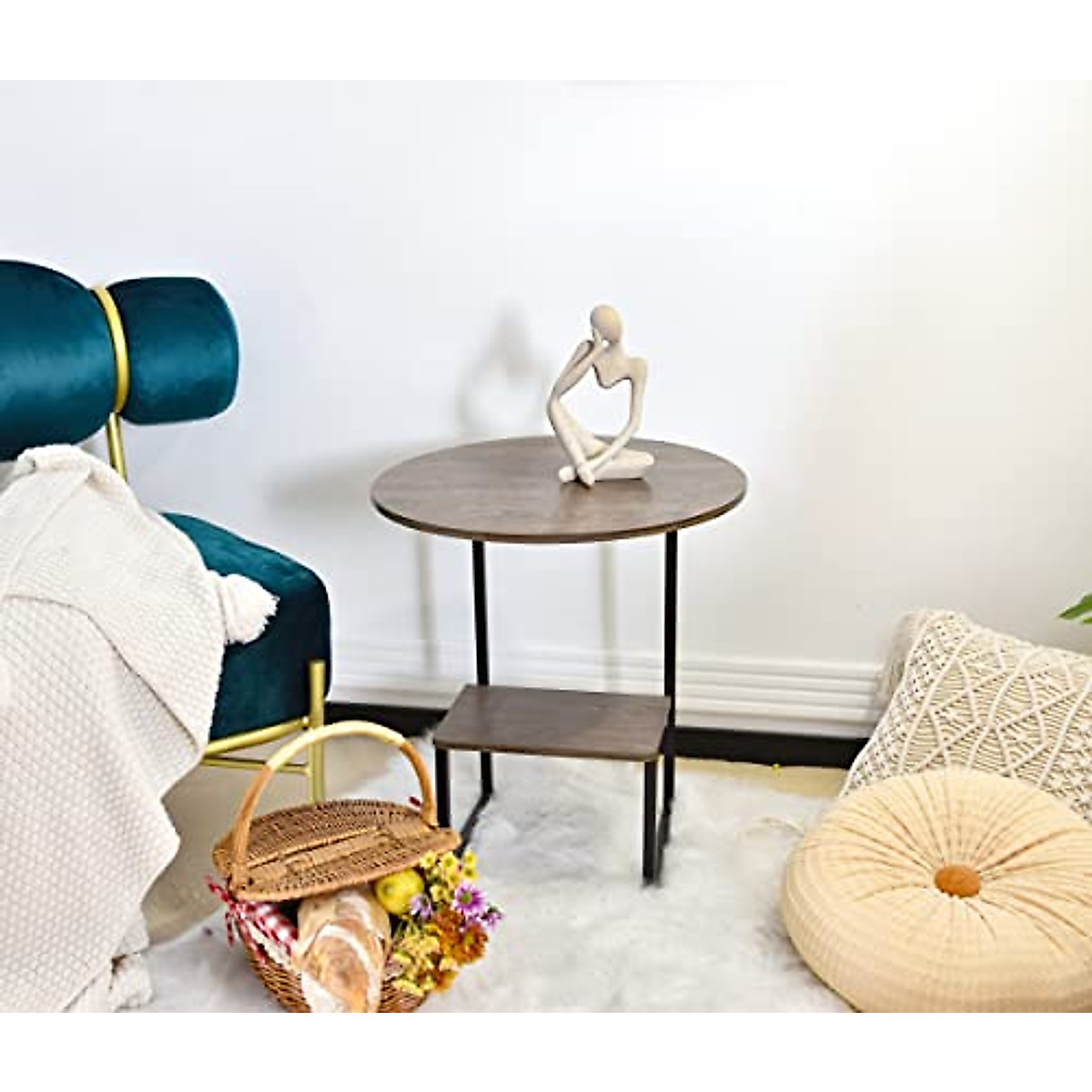 Nohle End Table for Living Room, Accent Table Round 2-Tier Tables with Storage,Small Nightstand,Black Metal Side Table H20in.