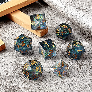 Dungeons and Dragons Dice Set,DNDND Handmade Sharp Edge 7 Die with Gift Dice Case for DND Dungeons and Dragon Game (Dark Cyan with Gold Number)