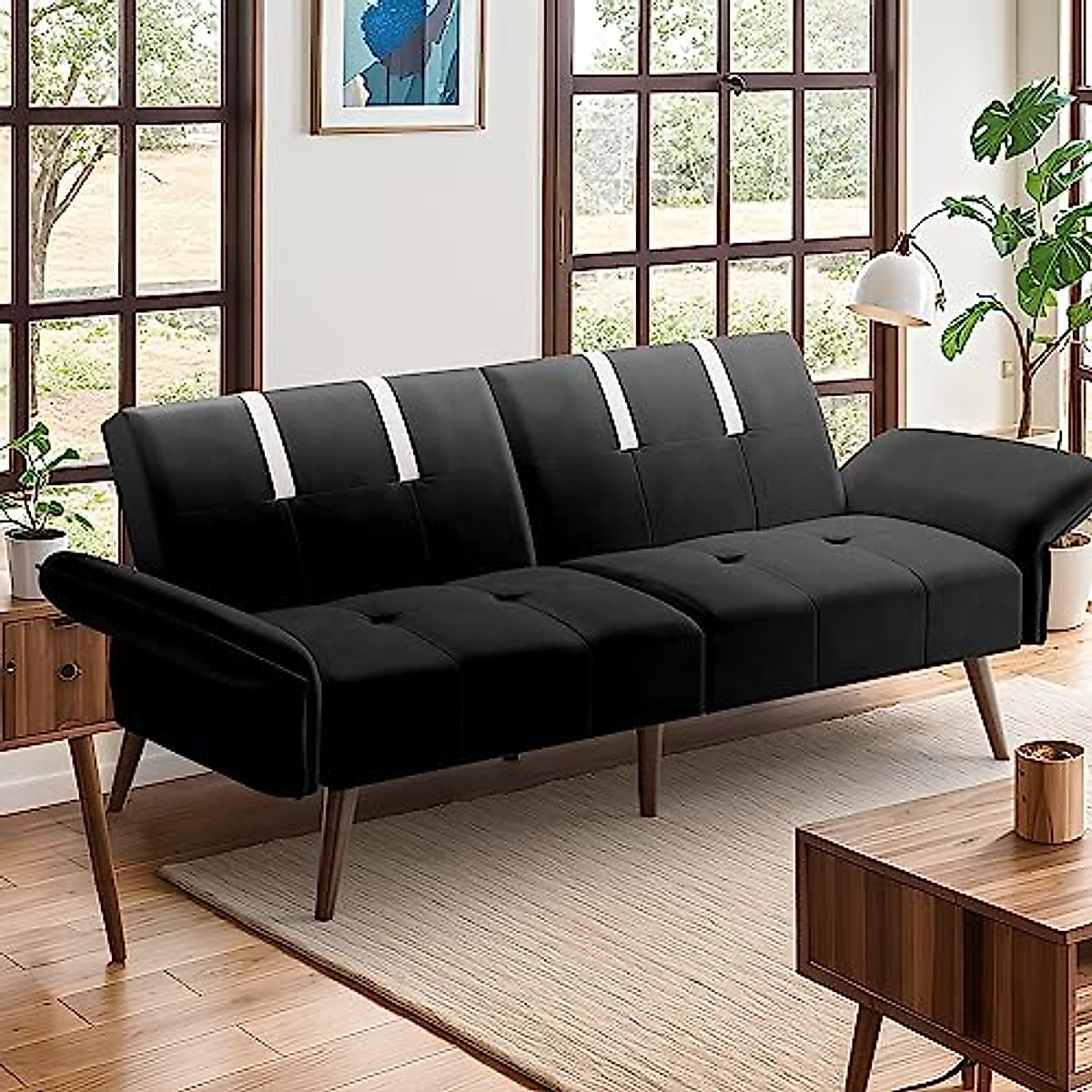 Shintenchi Futon Sofa Bed Modern Folding Sleeper Couch Bed for Living Room,Velvet Loveseat Sofa Couch Sofa cama for Apartments Office Small Spaces,w/Adjustable Armrests Backrest,Black