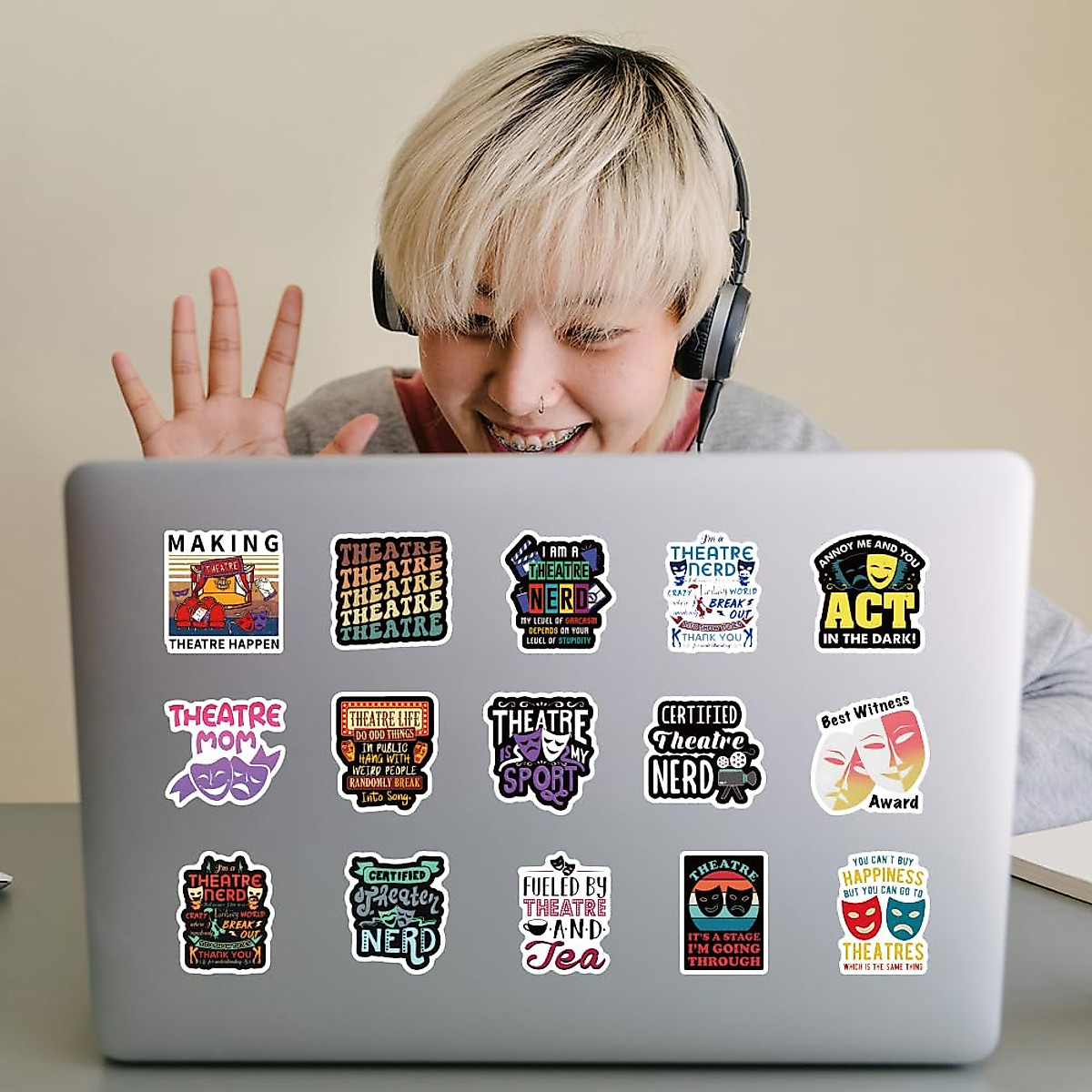63Pcs Theater Stickers Graffiti Aesthetics Waterproof Vinyl for Kids Girls Boys Teens Adults for Water Bottles Laptop Suitcase for Birthday Party Supplies Halloween Decoration Favors