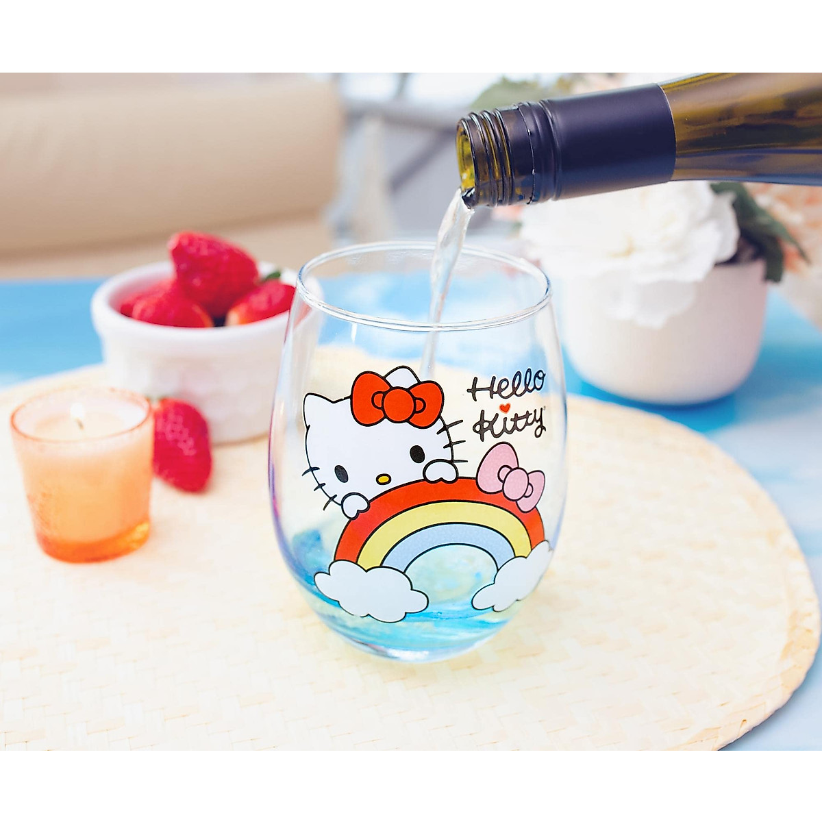 Toynk Sanrio Hello Kitty Rainbow Peek Stemless Wine Glass, Tumbler Cup For Cocktails | Holds 20 Ounces
