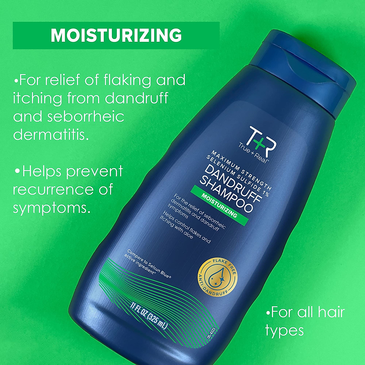 True+Real Moisturizing Dandruff Shampoo with Aloe and Selenium Sulfide 1%, 11fl oz