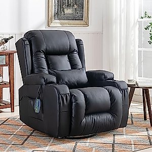 IPKIG Recliner Chair, Massage Swivel Rocker Recliner Chairs with Vibration Massage and Heat, Rocking Function, Side Pocket, 2 Cup Holders, Lumbar Pillow, Ergonomic Lounge Chair for Living Room (Black)