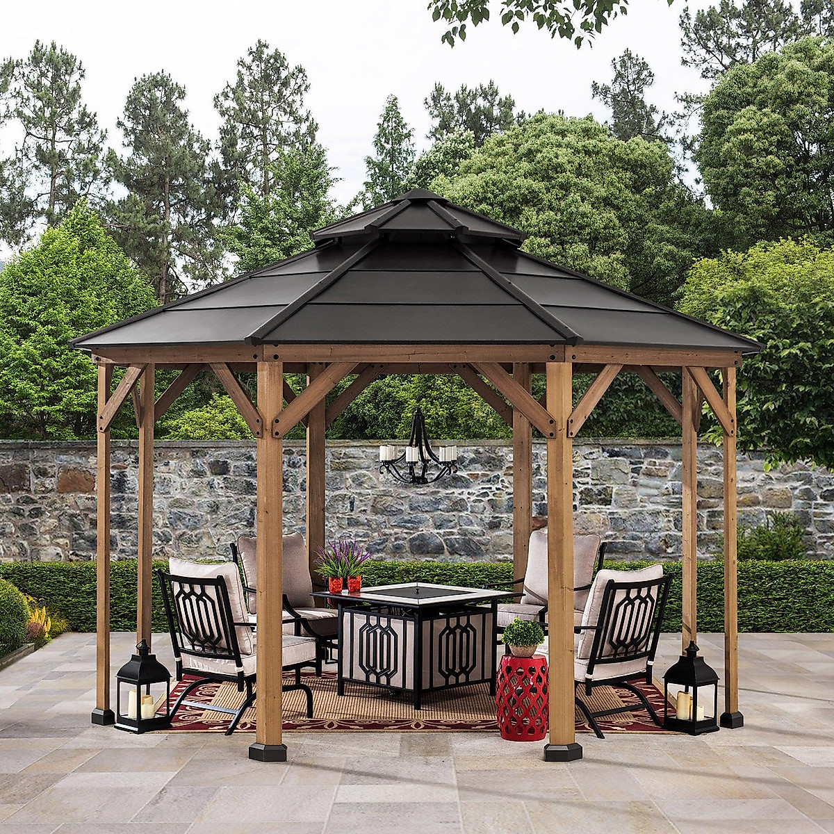 Sunjoy Ion Collection 13 x 13 ft. Cedar Framed Octagon Wood Gazebo with Brown Double Tiered Steel Hardtop Roof and Ceiling Hook for Garden, Backyard Shade