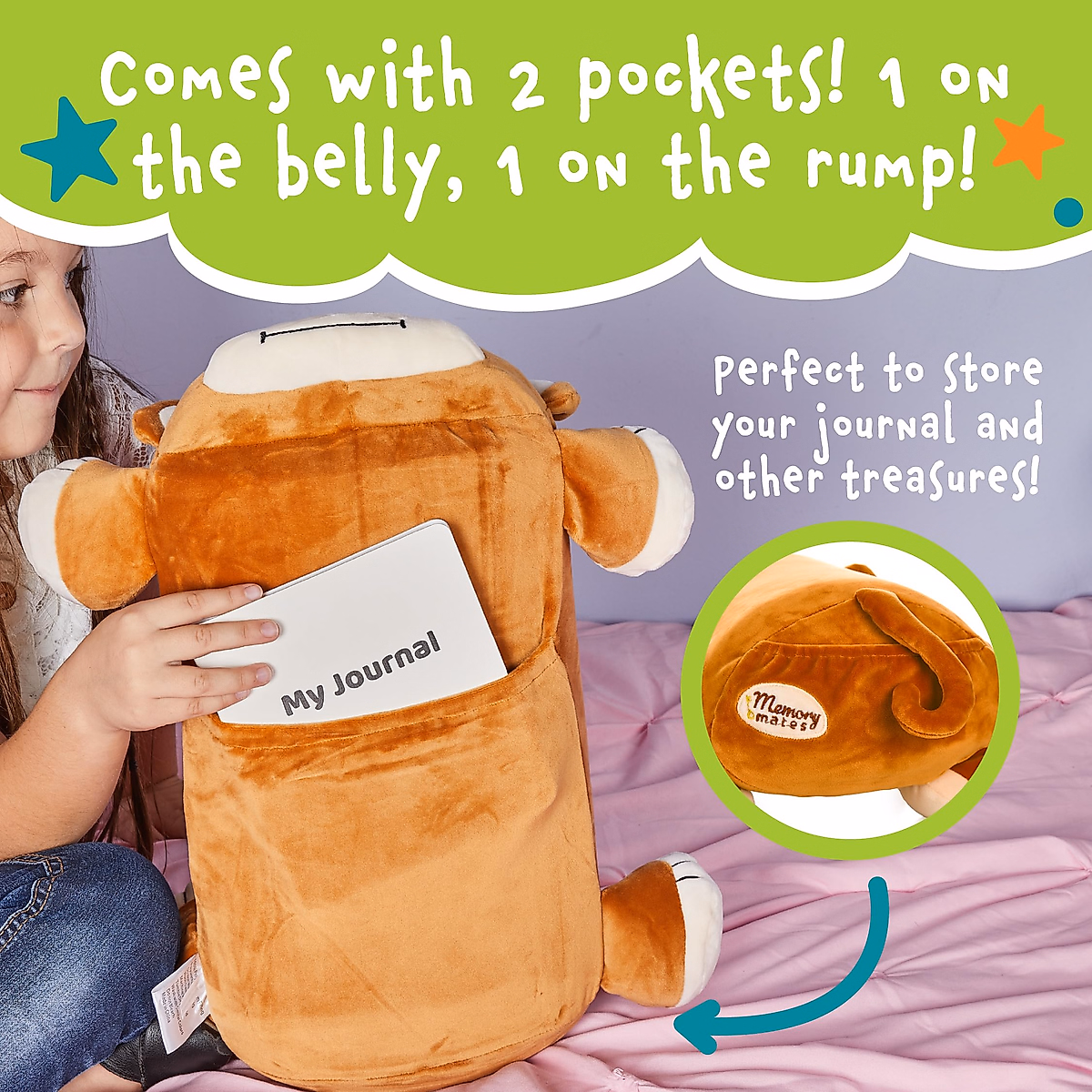 MEMORY MATES Cuddly Memory Foam Pillow Plush with Belly Pocket, Kids Pillow for Hugging Sleeping & Storing Diary, 15” Stuffed Animal & Journal Set - Jesi The Monkey