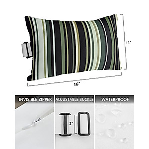 Chaise Lounge Head Resting Pillows, Black Green Stripe Outdoor Chaise Pillows, Waterproof Patio Furniture Pillows with Insert and Adjustable Elastic Stripe for Recliner Beach Chair