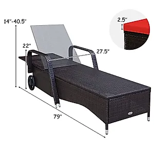 Tangkula Patio Wicker Chaise Lounge Chair with Wheels, Adjustable Rattan Reclining Chair with Armrests & Cushions, Red & Off White Cover, Outdoor Recliner Chair for Pool Deck Beach Backyard (1, Brown)