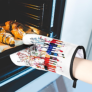 Colorful Tree Piano Keyboard Music Notes Oven Mitts and Pot Holders Sets Heat Resistant Non Slip Oven Glove and Insulated Kitchen Counter Mat Suitable for Cooking Baking Grill