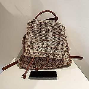 OWGSEE Summer Handmade Woven Crochet Straw Backpack Flap Drawstring Boho Backpack Purse for Women Vacation (Khaki)