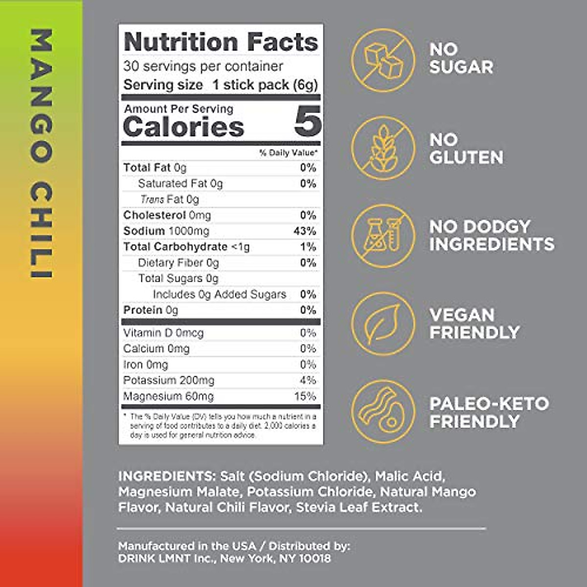 LMNT Keto Electrolyte Powder Packets | Paleo Hydration Powder | No Sugar, No Artificial Ingredients | Mango Chili | 30 Stick Packs