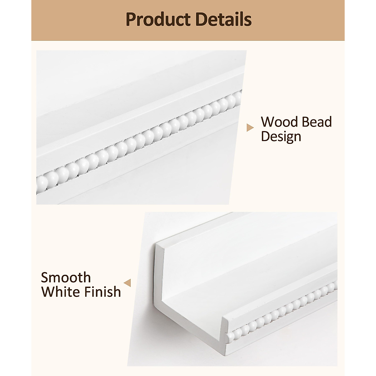 Mazjoaru White Floating Shelves 24 inch for Wall Set of 2, Long Floating Shelves Wall Book Shelf with Lip, Wall Mount Shelf with Wood Beads for Bedroom Bathroom Nursery Living Room